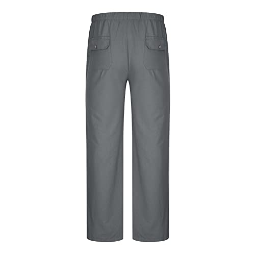 GiliGiliso Mens Fashion Solid Casual Elastic Waistband Pocket Cotton Linen Panel Trousers Pants Men's Big & Tall T-Shirts Dark Gray, M