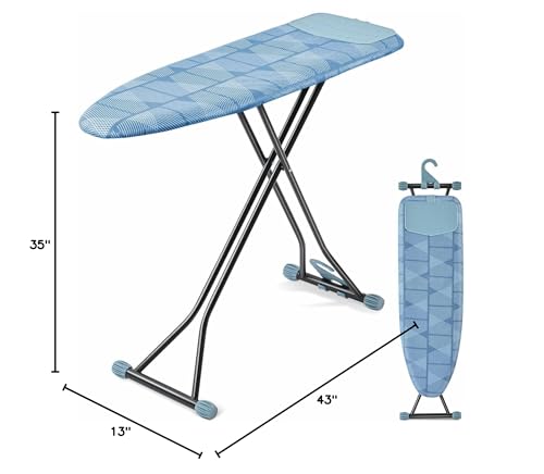 APEXCHASER Ironing Board with Iron Rest, Compact and Space Saver Iron Board, Extra Thick Cover, Height Adjustable, Wall Mount & Closet Hanger 13x43 Blue