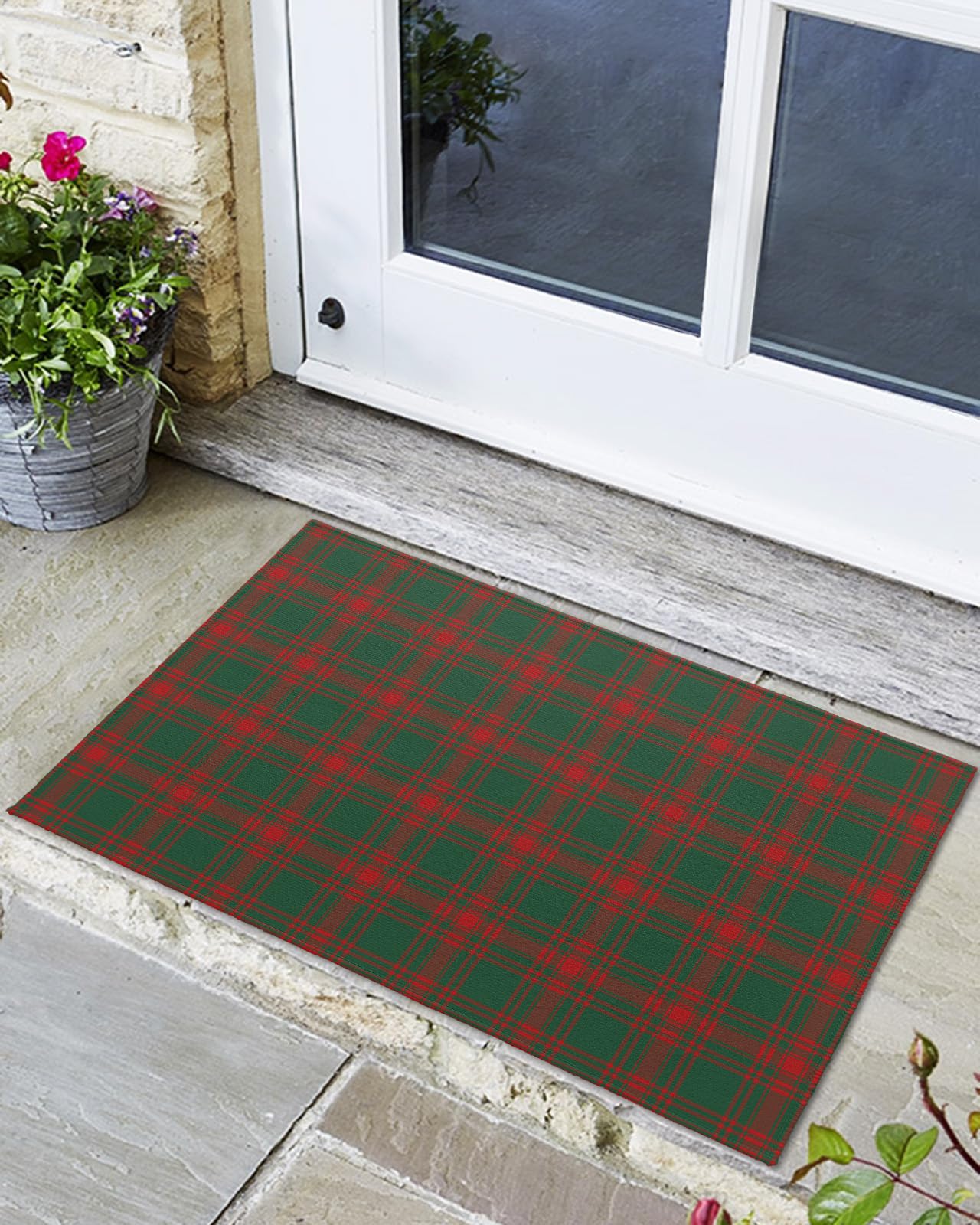 Front Door Mat, Non - Slip Absorbent Door Entry Mats, Doormats Indoor/Outdoor Entrance Small Rugs, Green and Red Buffalo Check Merry Christmas Doormat - Easy to Clean Floor Mats for Home 16x24 Inch