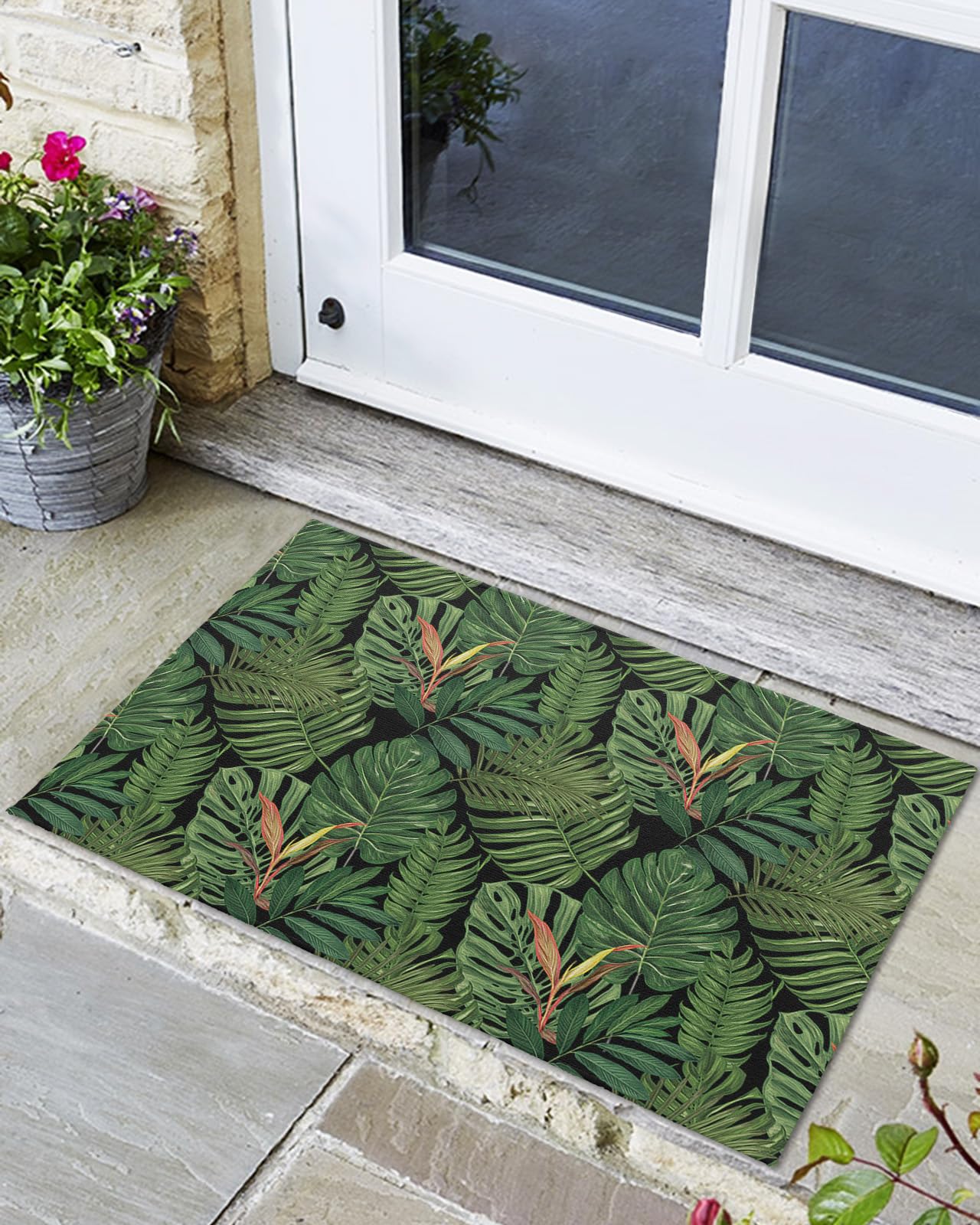Front Door Mat, Non - Slip Absorbent Door Entry Mats, Doormats Indoor/Outdoor Entrance Small Rugs, Green Leaf Tropical Palm Leaves Doormat - Easy to Clean Floor Mats for Home 24x36 Inch