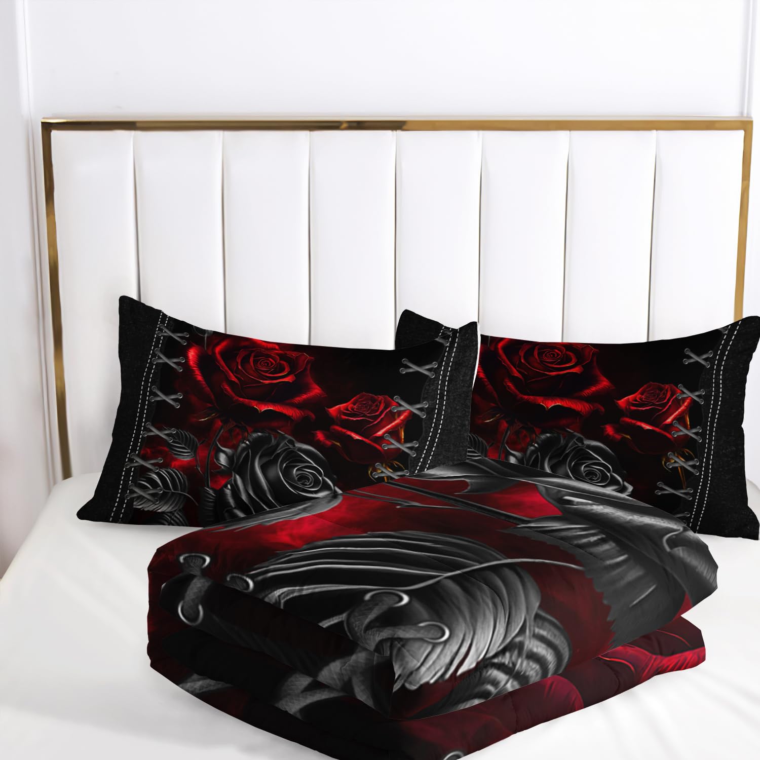 AILONEN Red Rose Comforter Set Full Size, 3D Red Floral Bedding Set,Red and Black Comforter Sets,Red Rose Duvet Set 3 Pieces, 1 Quilt and 2 Pillowcases