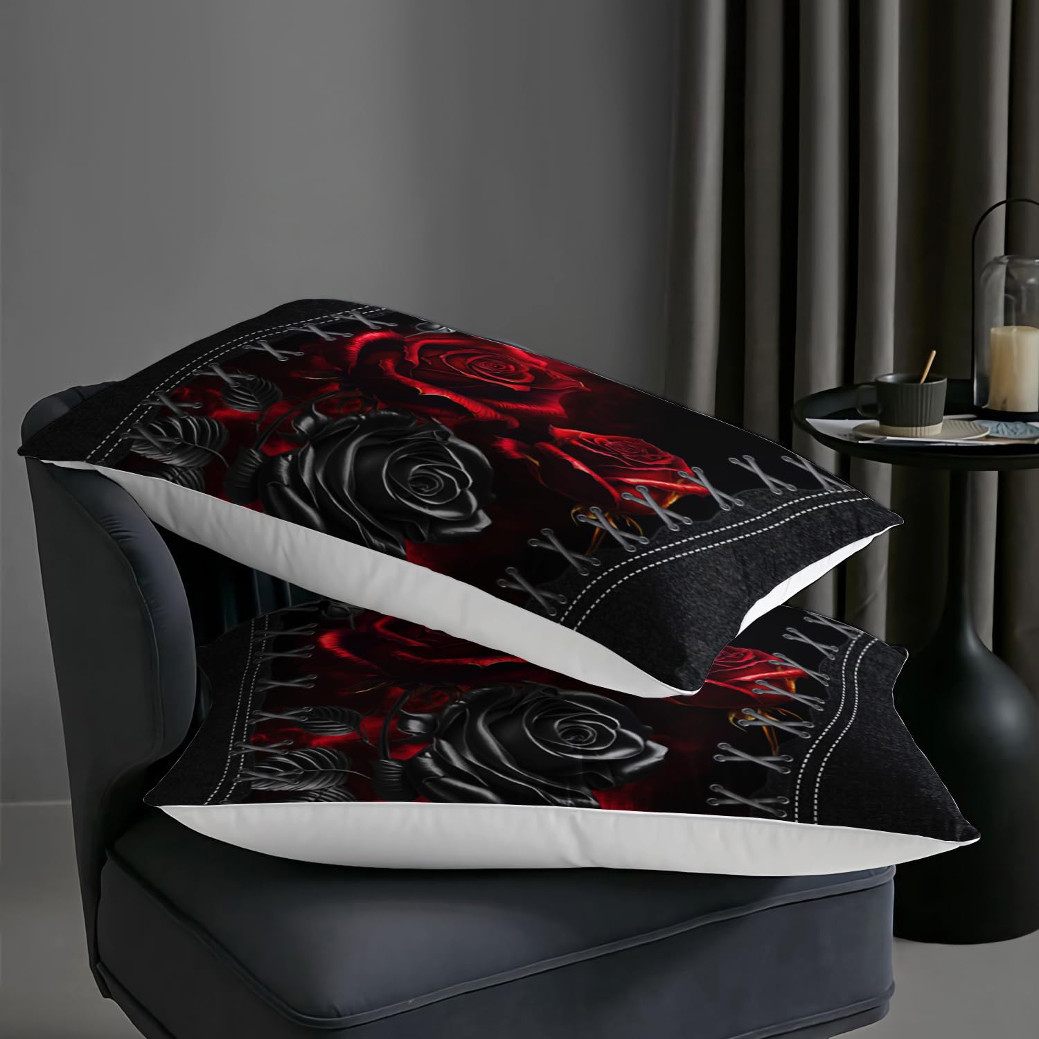 AILONEN Red Rose Comforter Set Full Size, 3D Red Floral Bedding Set,Red and Black Comforter Sets,Red Rose Duvet Set 3 Pieces, 1 Quilt and 2 Pillowcases