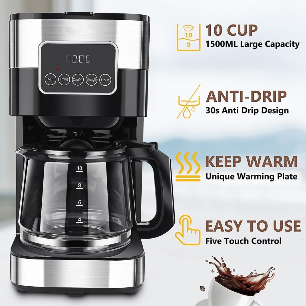 10 Cup Coffee Maker,Programmable Coffee Machine with Touch Screen,Glass Carefe,Reusable Filter,Auto Shut-Off and Pause,Regular & Strong Brew for Home and Office,Silver and Black