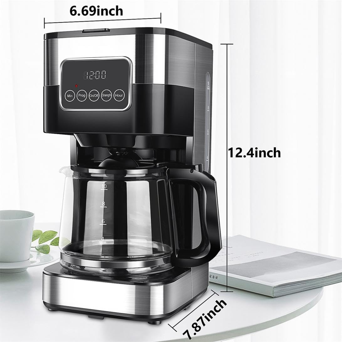 10 Cup Coffee Maker,Programmable Coffee Machine with Touch Screen,Glass Carefe,Reusable Filter,Auto Shut-Off and Pause,Regular & Strong Brew for Home and Office,Silver and Black