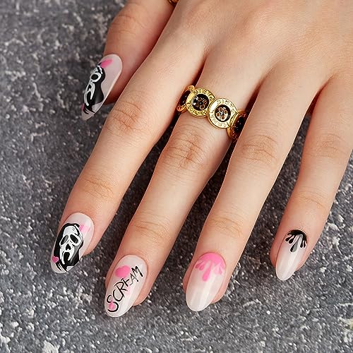 Halloween Press on Nails Short Almond Pink False Nails, Gel Acrylic Fake Nails with Glue, Salon Effect Natural Fit Reusable Glue on Nails Set 14Size 28Pcs, Halloween Design