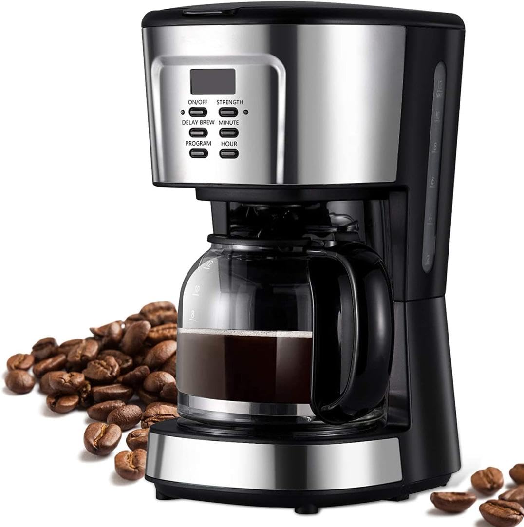 Programmable Coffee Maker,Coffee Machine with Glass Carafe,12 Cup,Automatic for Pause and Keeping Warming,Regular & Strong Brew,Auto-Shutoff for Home and Office,Black