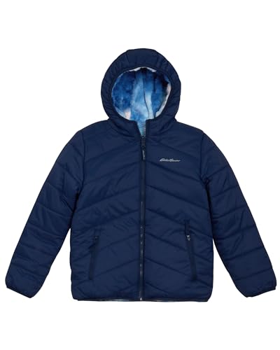 Eddie Bauer Girls' Reversible Jacket - Deer Harbor Waterproof Lightweight Puffer Coat with Faux Shearling Lining (5-20), Size 10-12, Navy Blue