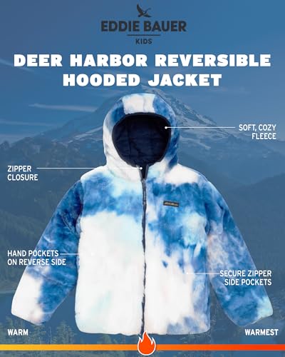 Eddie Bauer Girls' Reversible Jacket - Deer Harbor Waterproof Lightweight Puffer Coat with Faux Shearling Lining (5-20), Size 10-12, Navy Blue