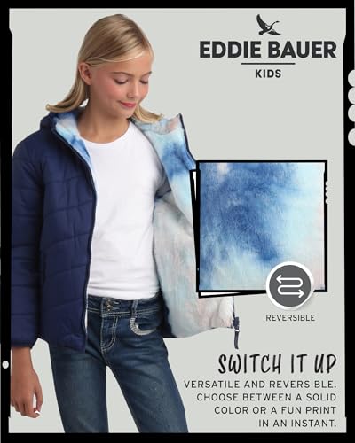 Eddie Bauer Girls' Reversible Jacket - Deer Harbor Waterproof Lightweight Puffer Coat with Faux Shearling Lining (5-20), Size 10-12, Navy Blue