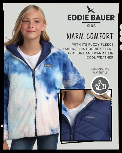 Eddie Bauer Girls' Reversible Jacket - Deer Harbor Waterproof Lightweight Puffer Coat with Faux Shearling Lining (5-20), Size 10-12, Navy Blue