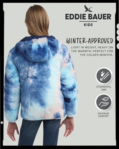 Eddie Bauer Girls' Reversible Jacket - Deer Harbor Waterproof Lightweight Puffer Coat with Faux Shearling Lining (5-20), Size 10-12, Navy Blue