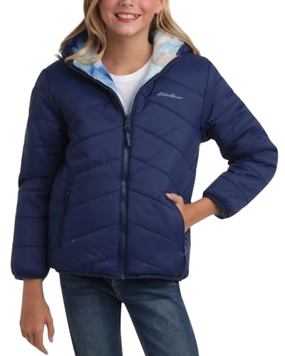 Eddie Bauer Girls' Reversible Jacket - Deer Harbor Waterproof Lightweight Puffer Coat with Faux Shearling Lining (5-20), Size 10-12, Navy Blue