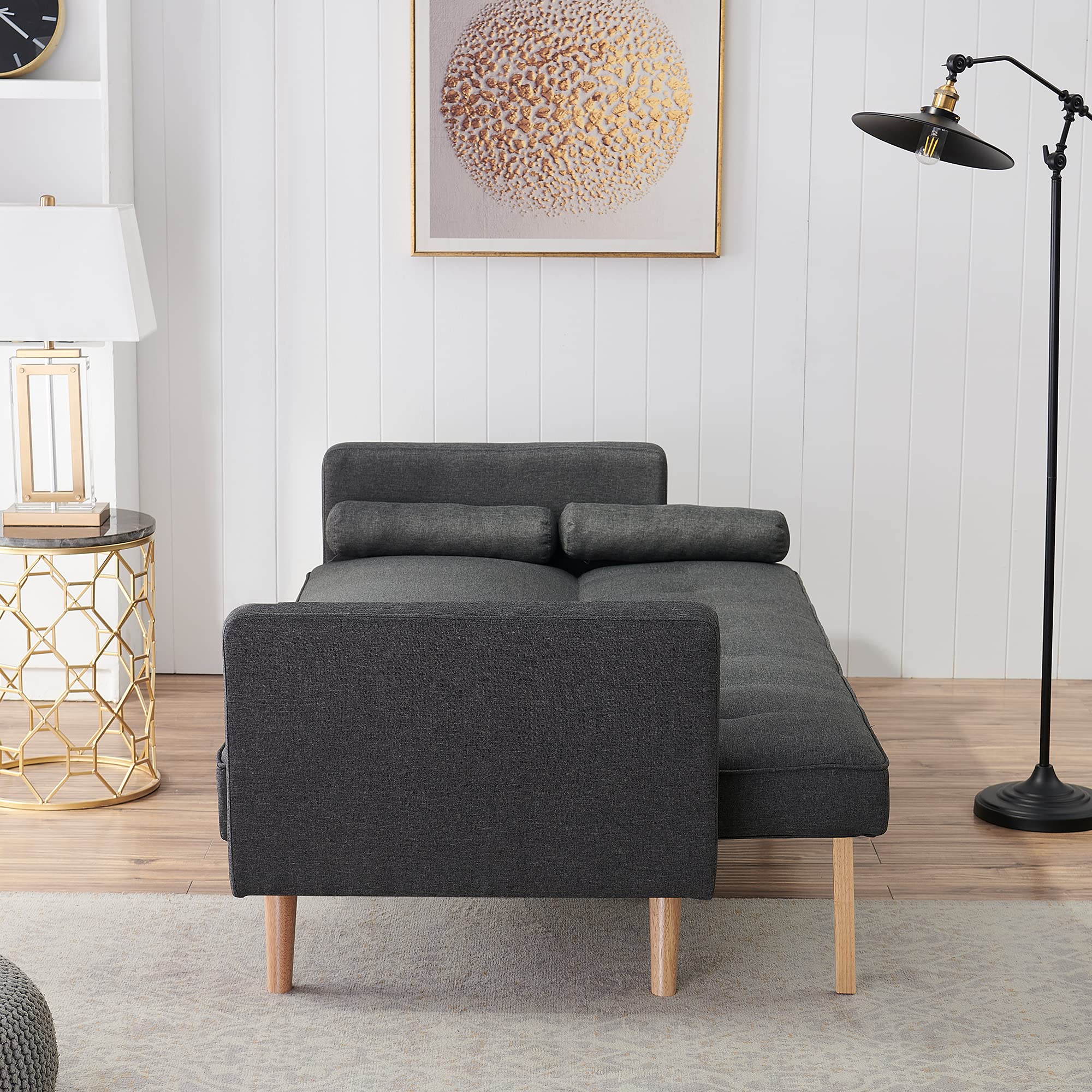 Eafurn Tufted Cotton Futon Sofa Couch Room Convertible Sleeper Guest Bed Dyabed Twin Size with Quick Adjustable Backrest and 2 Pillows for Compact Living Spaces, Dark Gray