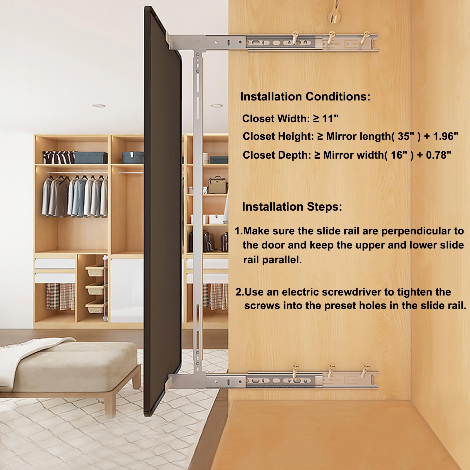 Hideaway Closet Mirror - Retractable Full Length Mirror, 35" x 16" Wall Mounted, Suitable for Bedroom, Locker Room, Cloakroom