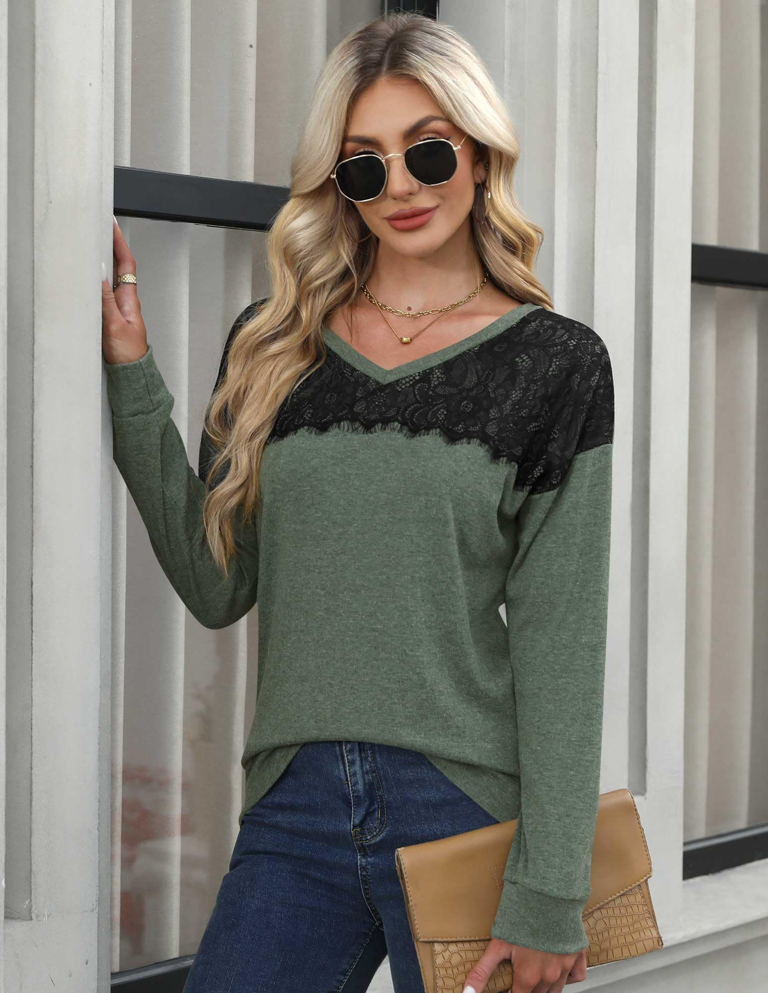 For G and PL Womens Casual Dressy Cotton Lace Trim Sweatshirt Fall Loose Fit Long Sleeve V Neck Top Sweater Forest Green L