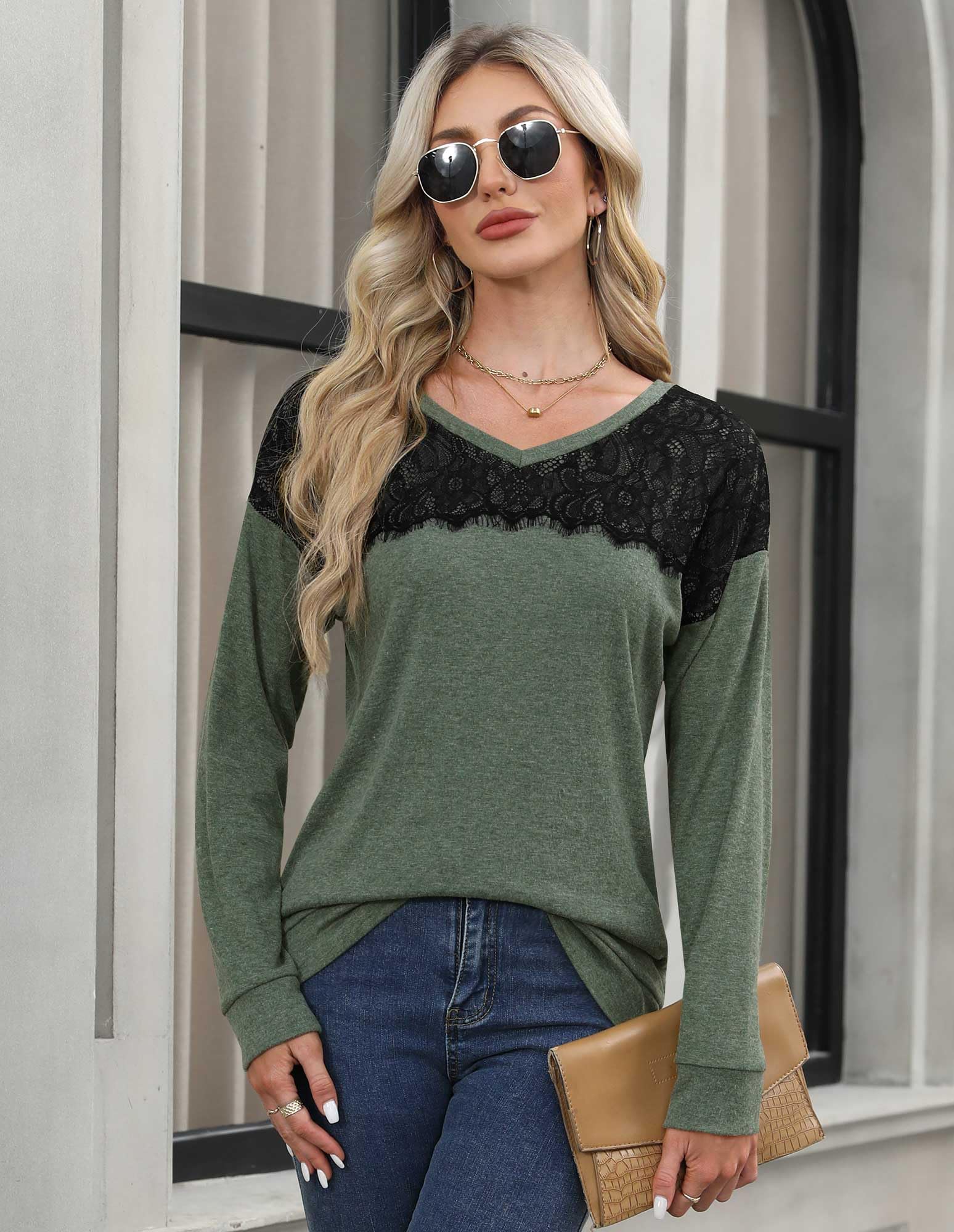 For G and PL Womens Casual Dressy Cotton Lace Trim Sweatshirt Fall Loose Fit Long Sleeve V Neck Top Sweater Forest Green L