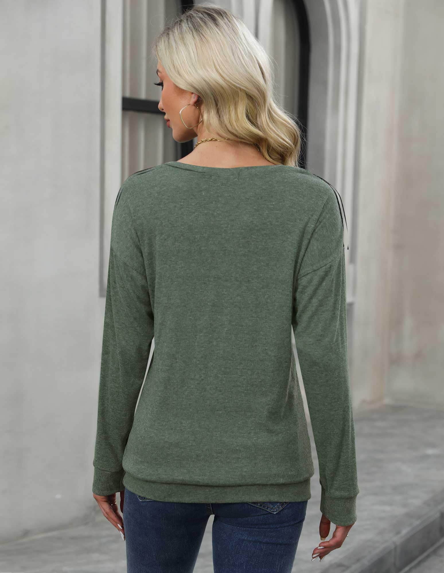 For G and PL Womens Casual Dressy Cotton Lace Trim Sweatshirt Fall Loose Fit Long Sleeve V Neck Top Sweater Forest Green L