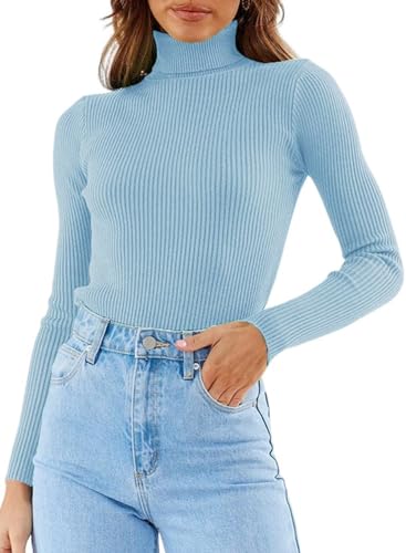 Dokotoo Women's Long Sleeve Knit Shirts Fall Turtleneck Basic Tops Slim Fitted Ribbed Sweater Fall Outfits for Women Sky Blue Large