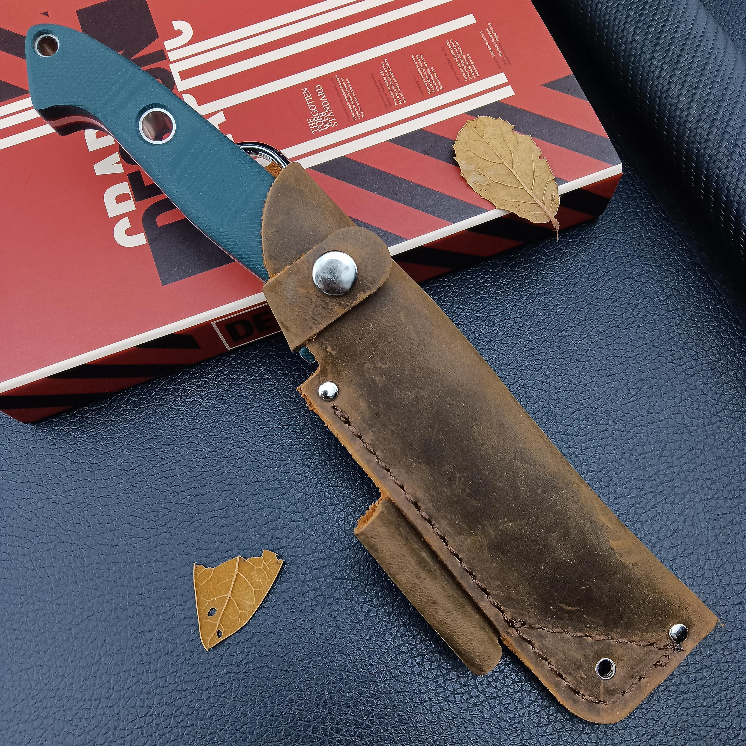 Buschcrafter 162 fixed blade tactical knives 4.43" D2 Satin Blade Outdoor Knife with Green G10 Handle Leather Sheath