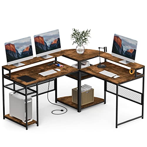 AYEASY 66" Computer Desk L Shaped Desk with Storage, Reversible Corner Desk with USB Charging Port & Power Outlet,Gaming Desk L Shape with Monitor Shelf, Large Home Office Desk, Rustic Brown