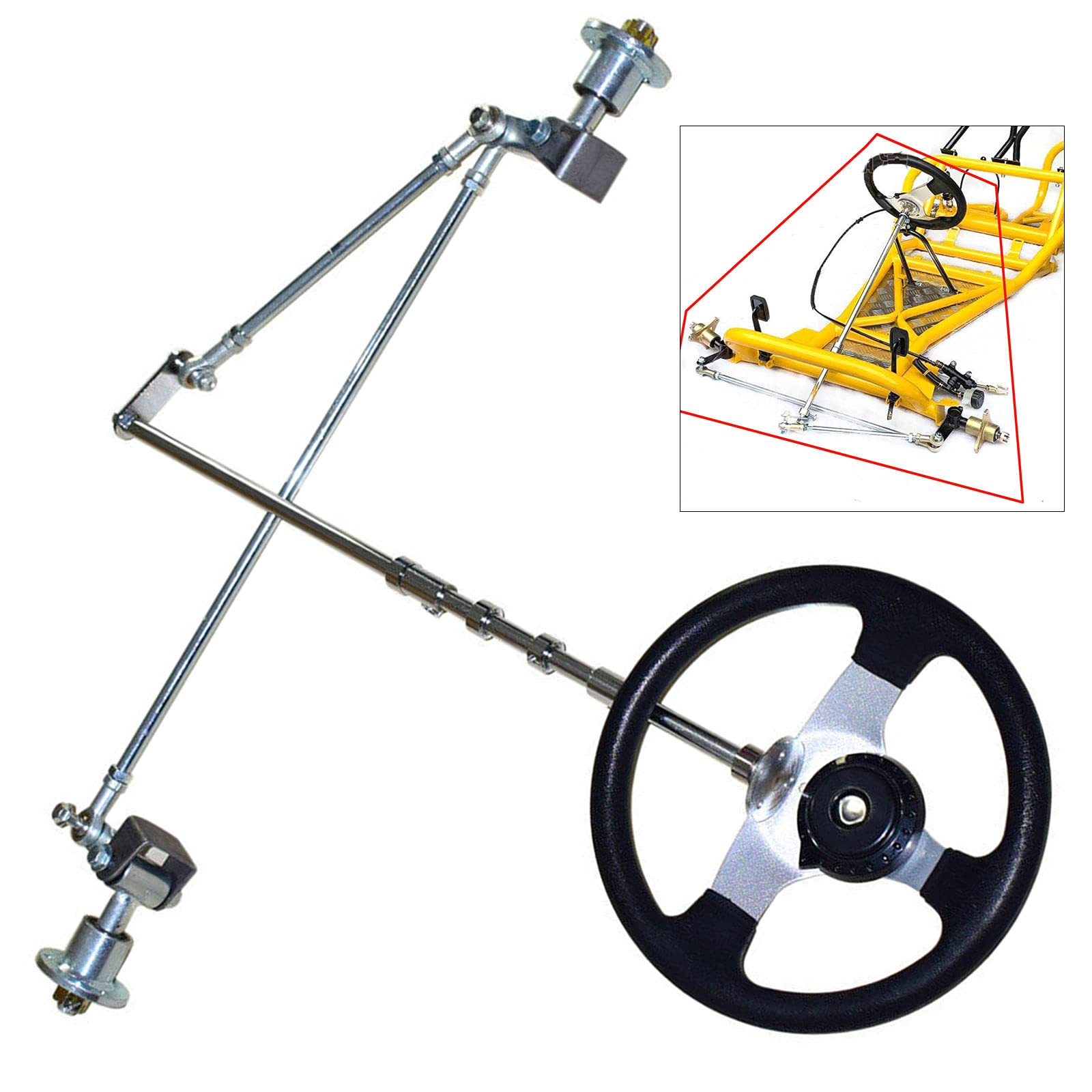 640mm Front Steering Gear Rack Joint Tie Rod & Wheel Assembly Set, for 168cc GO KART UTV ATV, Front Steering Tie Rod Ball Rack Joint DIY Karts Accessories Strut Knuckle Spindle Kit