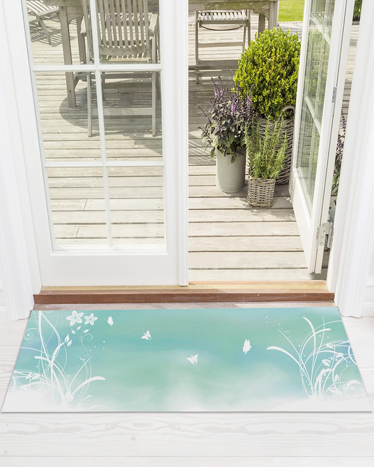 Welcome Mats, Floral Butterfly and Grass Silhouette on Green Door Mat, Non-Slip Absorbent Large 16x47 Inch Outdoor Indoor Mat Low-Profile Floor Mat Doormat for Entryway/Patio/Garage