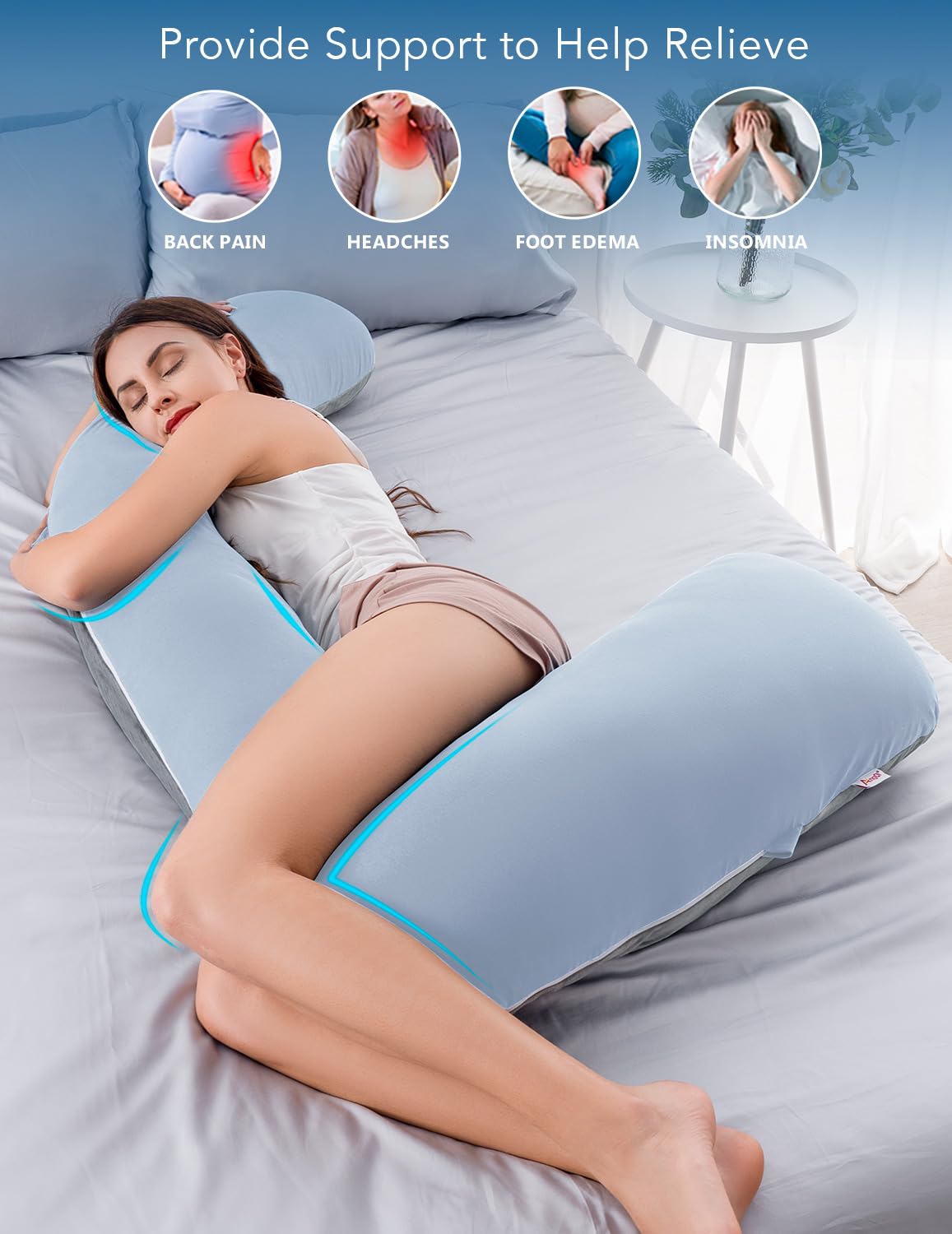 AngQi Body Pregnancy Pillow,L-Shaped Pregnancy Pillow for Side Sleepers,Maternity Body Pillow with Velvet & Jersey Cover, Gray&Blue