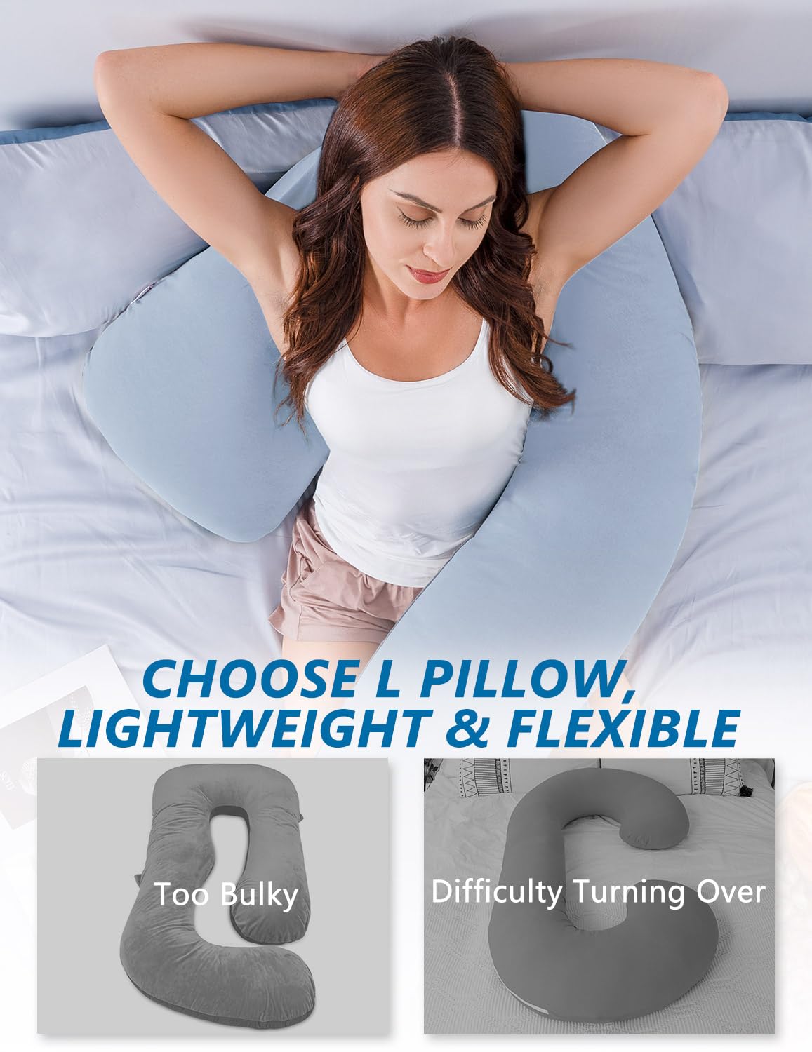 AngQi Body Pregnancy Pillow,L-Shaped Pregnancy Pillow for Side Sleepers,Maternity Body Pillow with Velvet & Jersey Cover, Gray&Blue