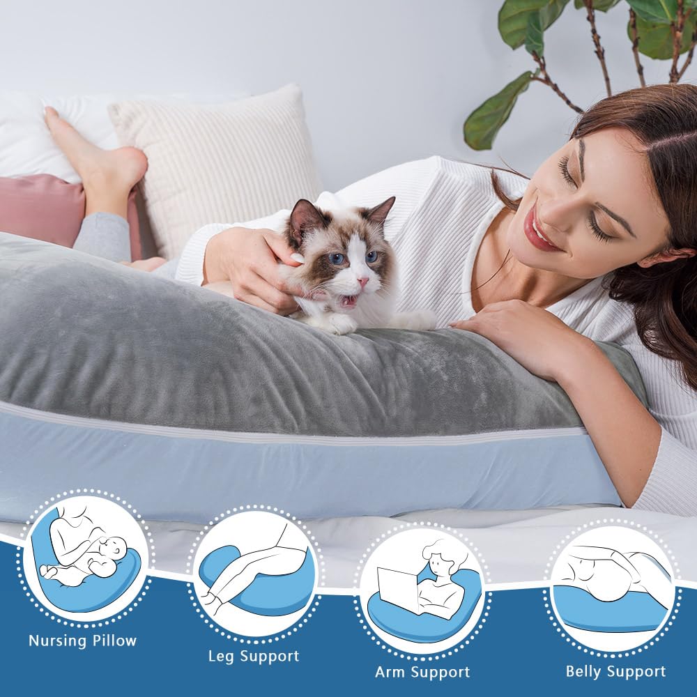 AngQi Body Pregnancy Pillow,L-Shaped Pregnancy Pillow for Side Sleepers,Maternity Body Pillow with Velvet & Jersey Cover, Gray&Blue