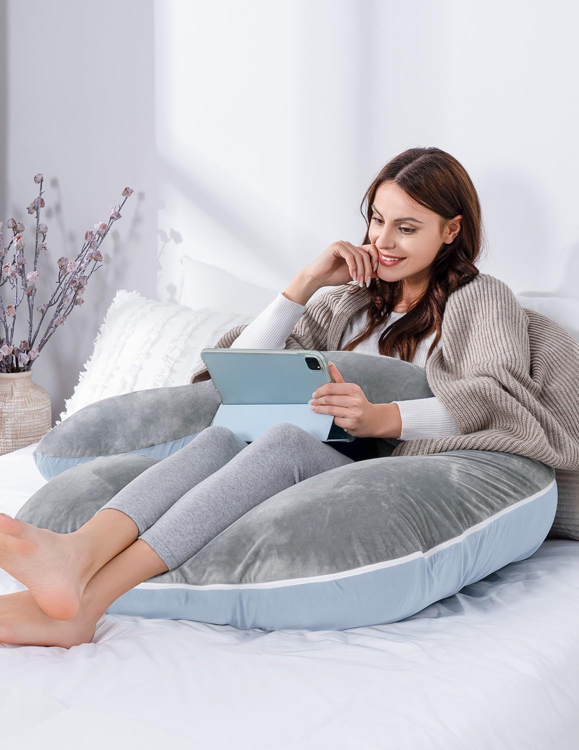 AngQi Body Pregnancy Pillow,L-Shaped Pregnancy Pillow for Side Sleepers,Maternity Body Pillow with Velvet & Jersey Cover, Gray&Blue