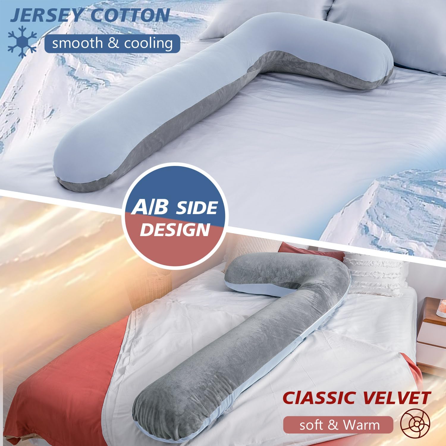 AngQi Body Pregnancy Pillow,L-Shaped Pregnancy Pillow for Side Sleepers,Maternity Body Pillow with Velvet & Jersey Cover, Gray&Blue