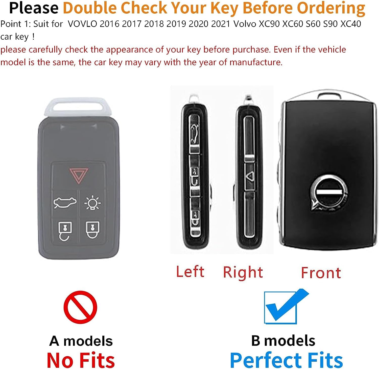 LoyalSoldier Genuine Leather Smart Key Fob Cover Case Compatible with Volvo XC40, XC60, XC90, S90, S60, V60, V90 2019-2023(B Model)