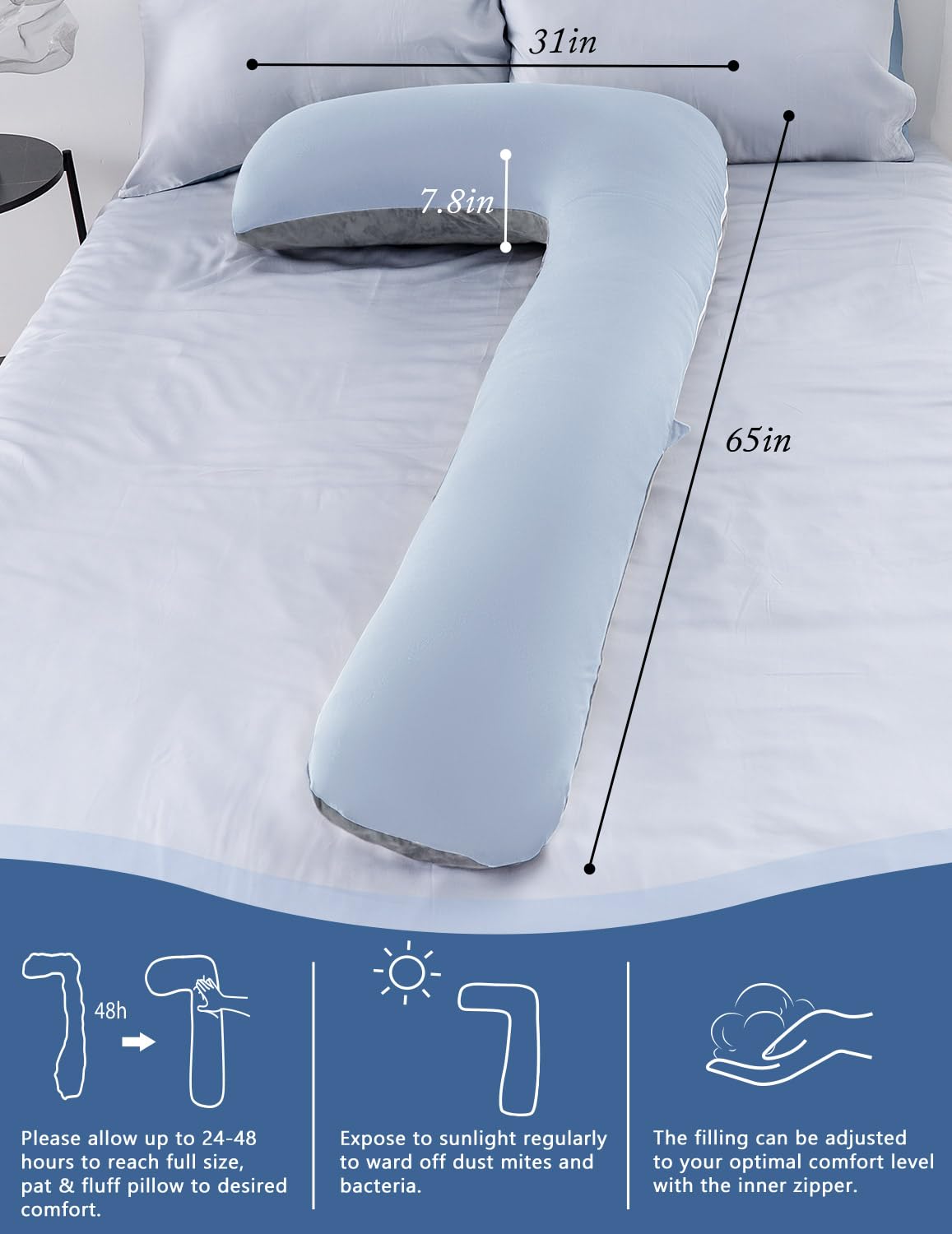 AngQi Body Pregnancy Pillow,L-Shaped Pregnancy Pillow for Side Sleepers,Maternity Body Pillow with Velvet & Jersey Cover, Gray&Blue