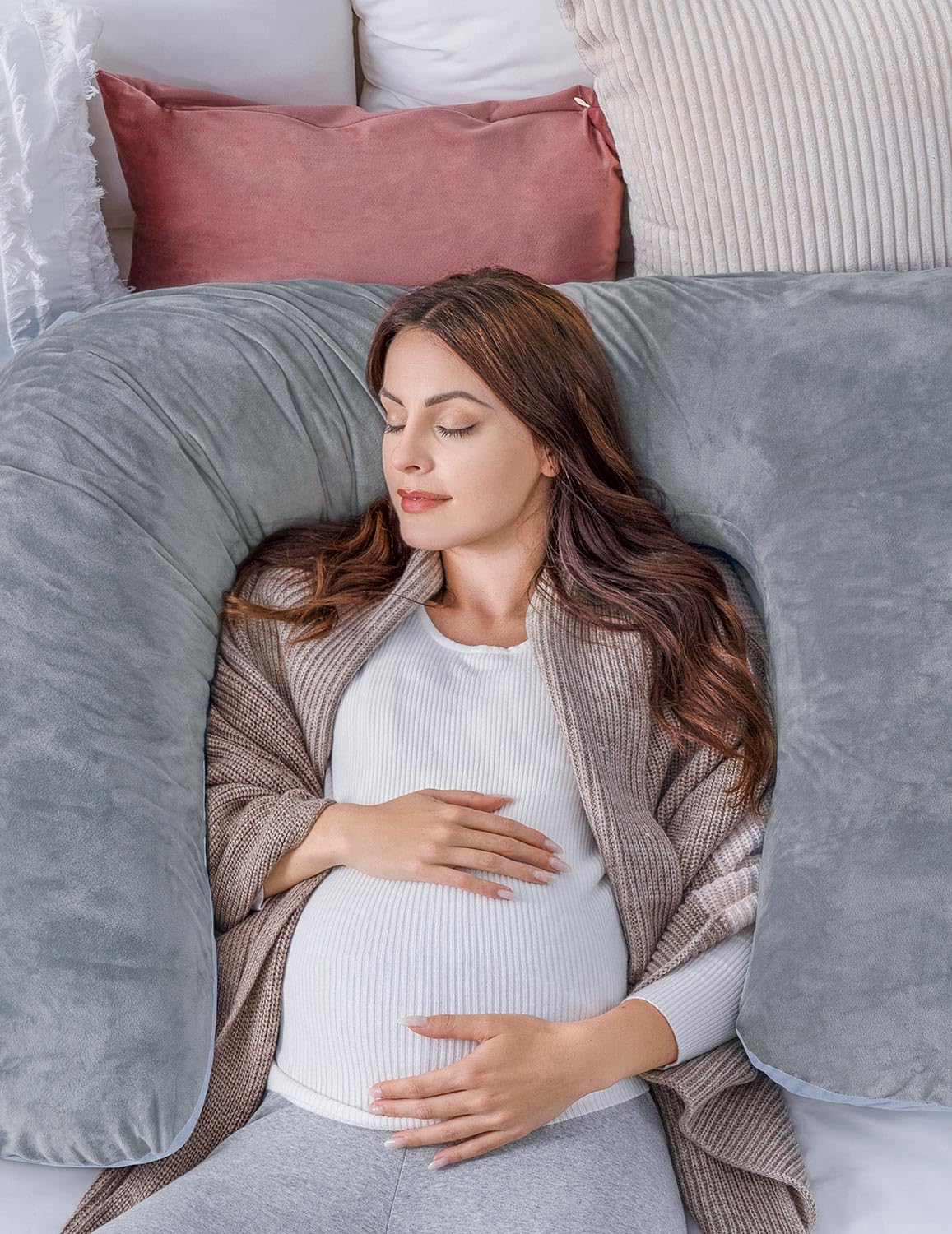 AngQi Body Pregnancy Pillow,L-Shaped Pregnancy Pillow for Side Sleepers,Maternity Body Pillow with Velvet & Jersey Cover, Gray&Blue