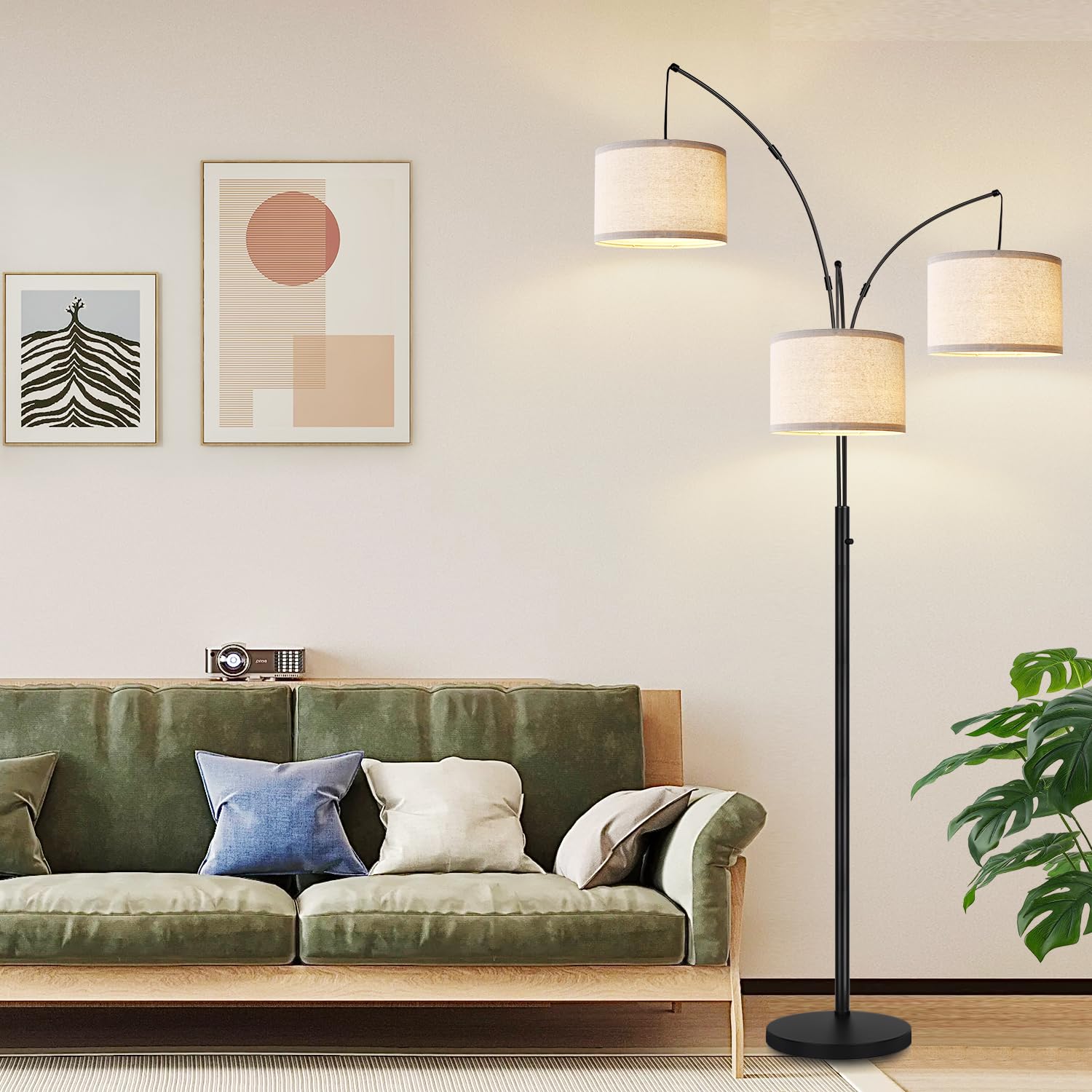 Dimmable Floor Lamp - 3 Lights Arc Floor Lamps for Living Room, 1000LM Modern Tall Standing Lamp with White Shades & Heavy Base, Mid Century Tree Floor Lamp for Bedroom Office, 3 LED Bulbs Included
