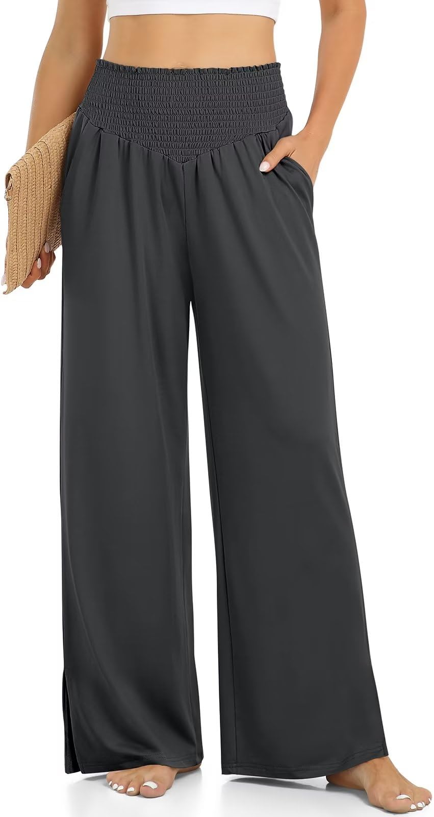 UEU Women's Wide Leg Pants Elastic Casual High Waisted Travel Lounge Yoga Palazzo Pants with Pockets, Dark Gray, XL