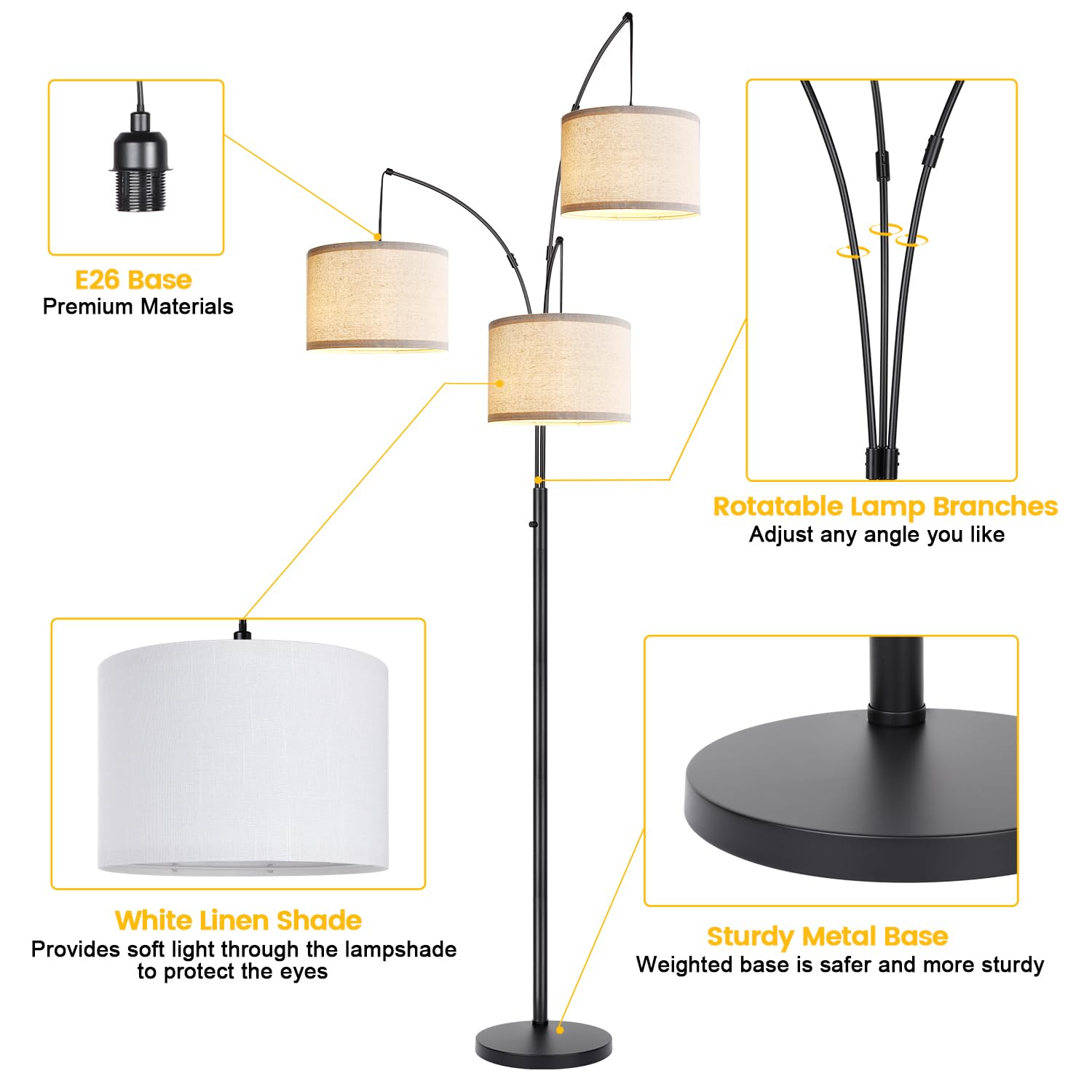 Dimmable Floor Lamp - 3 Lights Arc Floor Lamps for Living Room, 1000LM Modern Tall Standing Lamp with White Shades & Heavy Base, Mid Century Tree Floor Lamp for Bedroom Office, 3 LED Bulbs Included