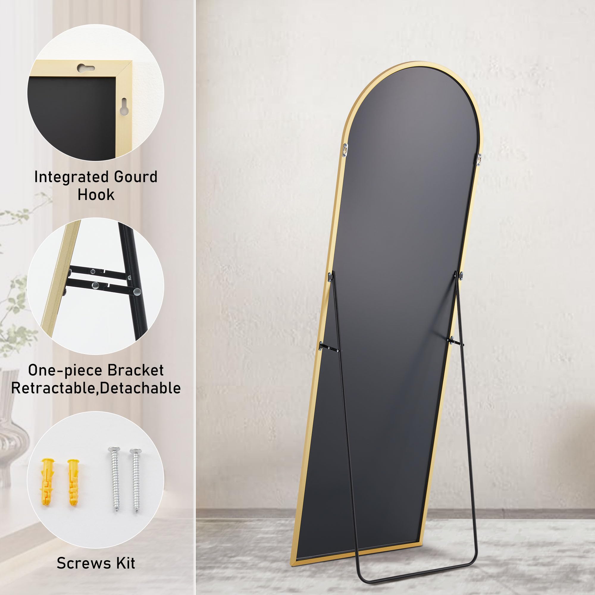 Sweetcrispy Arched Full Length Mirror 64"x21" Full Body Mirror Floor Mirror Standing Hanging or Leaning Wall, Large Arch Wall Mirror with Stand Aluminum Alloy Thin Frame for Bedroom Cloakroom,Gold