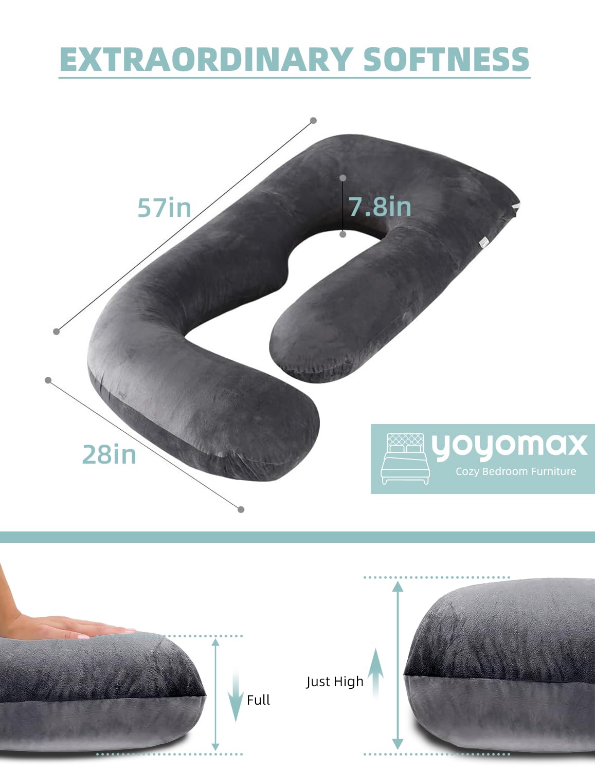 yoyomax U-Shaped Pregnancy Pillows, Memory Foam Pregnancy Pillow Full Body Maternity Pillow with Removable Cover-57 Inch Pregnancy Pillows for Sleeping-Darkgrey