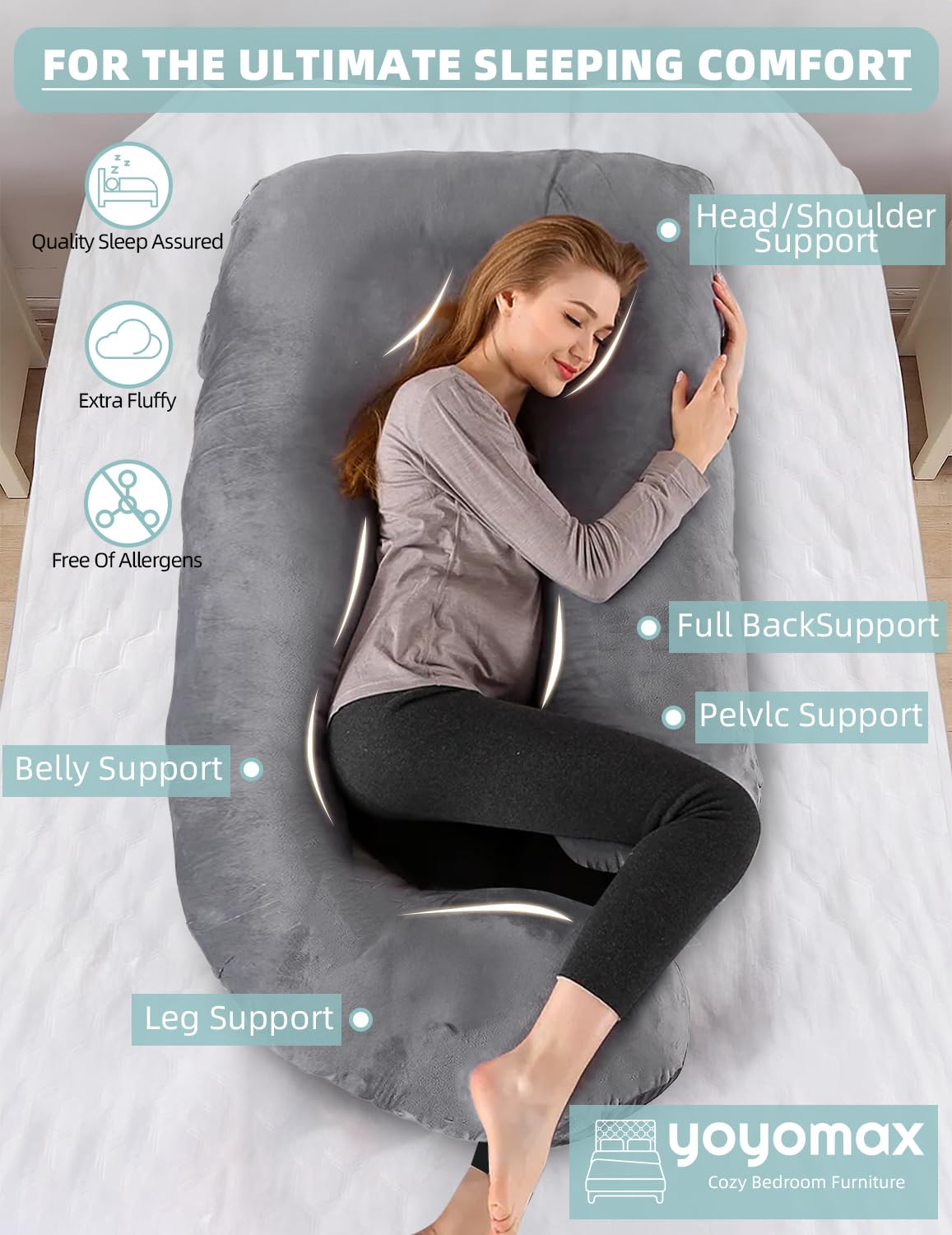 yoyomax U-Shaped Pregnancy Pillows, Memory Foam Pregnancy Pillow Full Body Maternity Pillow with Removable Cover-57 Inch Pregnancy Pillows for Sleeping-Darkgrey