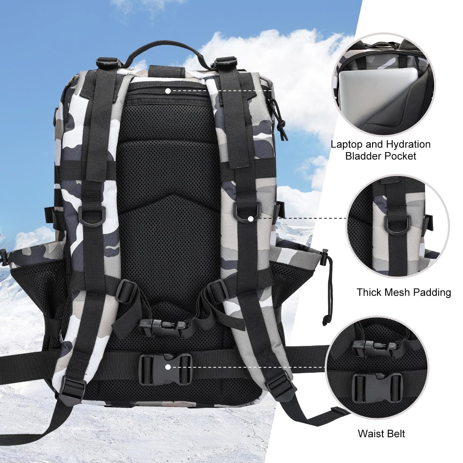 Hannibal Tactical 45L MOLLE Assault Pack, Tactical Backpack Military Army Camping Rucksack with Bottle Holder, 3-Day Pack Trip w/USA Flag Patch, D-Rings, Urban