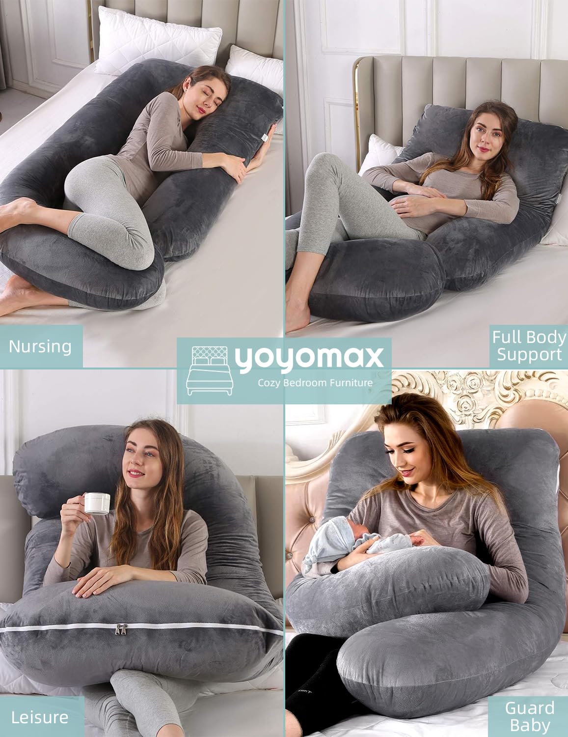 yoyomax U-Shaped Pregnancy Pillows, Memory Foam Pregnancy Pillow Full Body Maternity Pillow with Removable Cover-57 Inch Pregnancy Pillows for Sleeping-Darkgrey