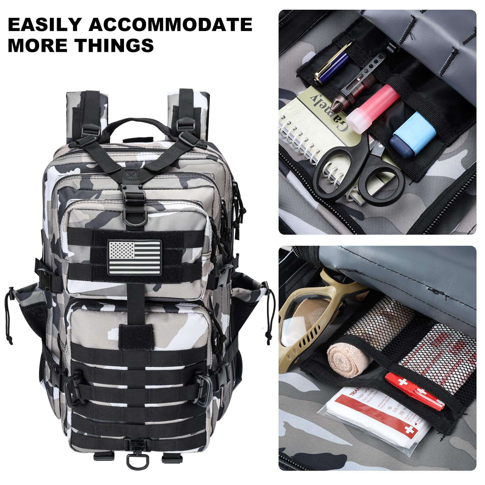 Hannibal Tactical 45L MOLLE Assault Pack, Tactical Backpack Military Army Camping Rucksack with Bottle Holder, 3-Day Pack Trip w/USA Flag Patch, D-Rings, Urban