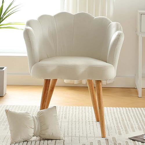 Shell Shaped Living Room Accent Chairs,Modern Velvet Bedroom Chair,Upholstered Armchair,Comfy Reading Chair for Adults,Teens,Bow Tie Pillow,Solid Wood Legs (Beige)