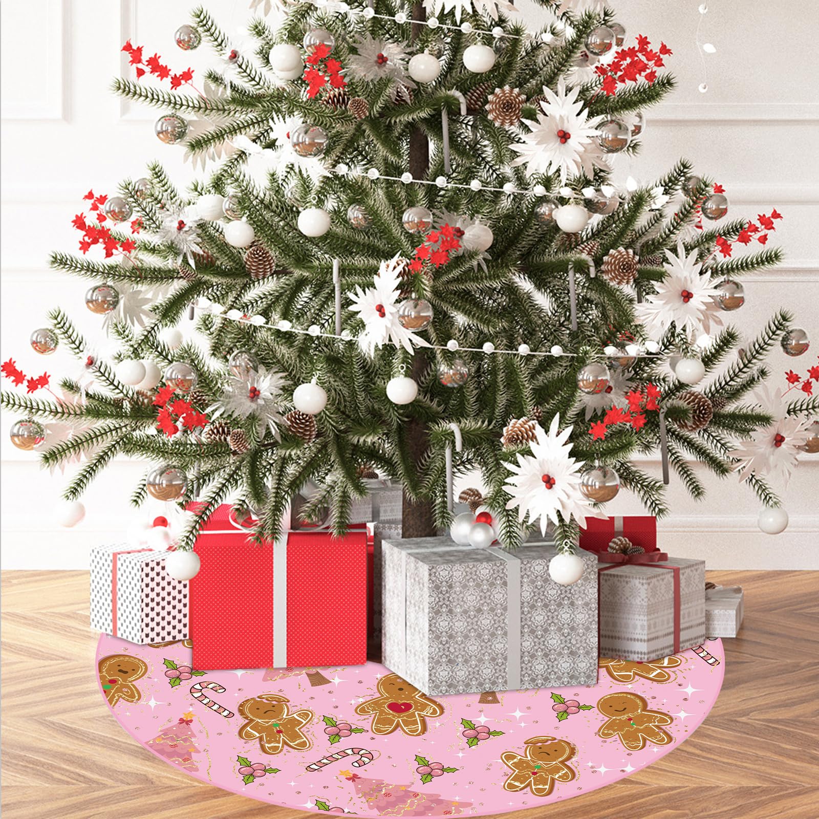 Christmas Tree Skirt Pink Tree Skirt Christmas Tree Candy Cane Gingerbread Xmas Winter Tree Skirt 48 Inch for Pink Christmas Indoor Outdoor Decorations