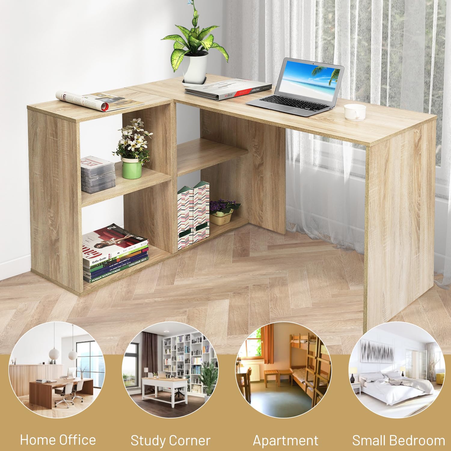 FurnitureR Home Office L-Shaped Computer Desk with Storage Shelves, 47" and 35" Corner Desk Space-Saving Writing Table Gaming PC Workstation (Light Brown)