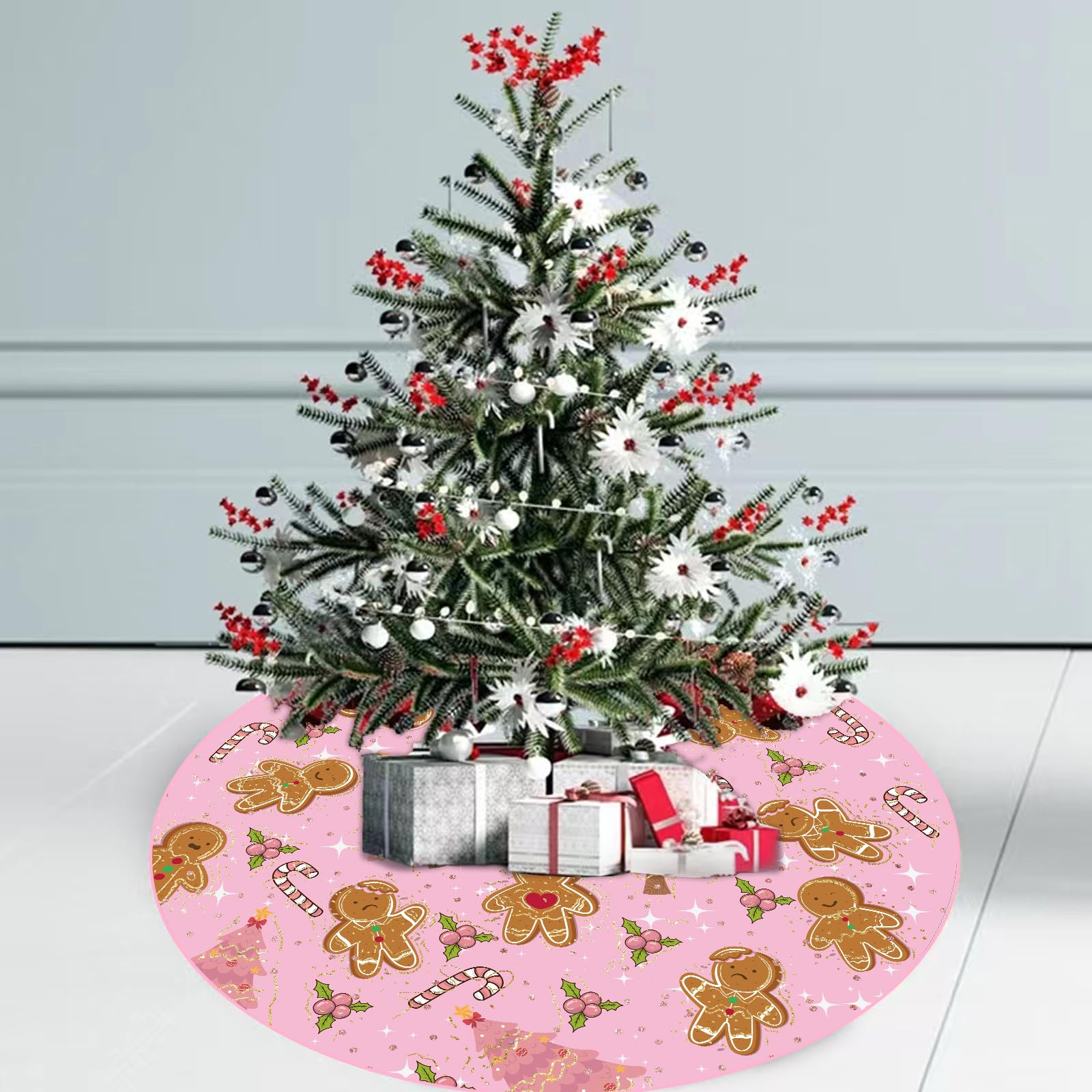 Christmas Tree Skirt Pink Tree Skirt Christmas Tree Candy Cane Gingerbread Xmas Winter Tree Skirt 48 Inch for Pink Christmas Indoor Outdoor Decorations