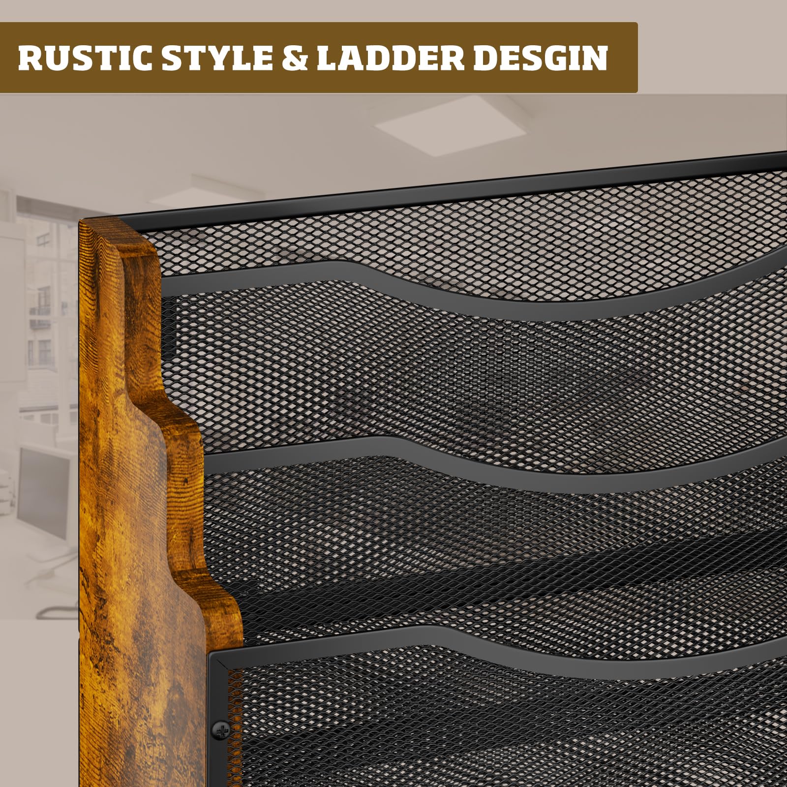 3-Tier Ladder File Organizer, Desk File Organizer with Retro MDF+ Black Metal Frame, Wall Paper Letter Tray Organizer, Wall File Storage Rack, Mesh Desktop Organizers and Accessories for Home Office