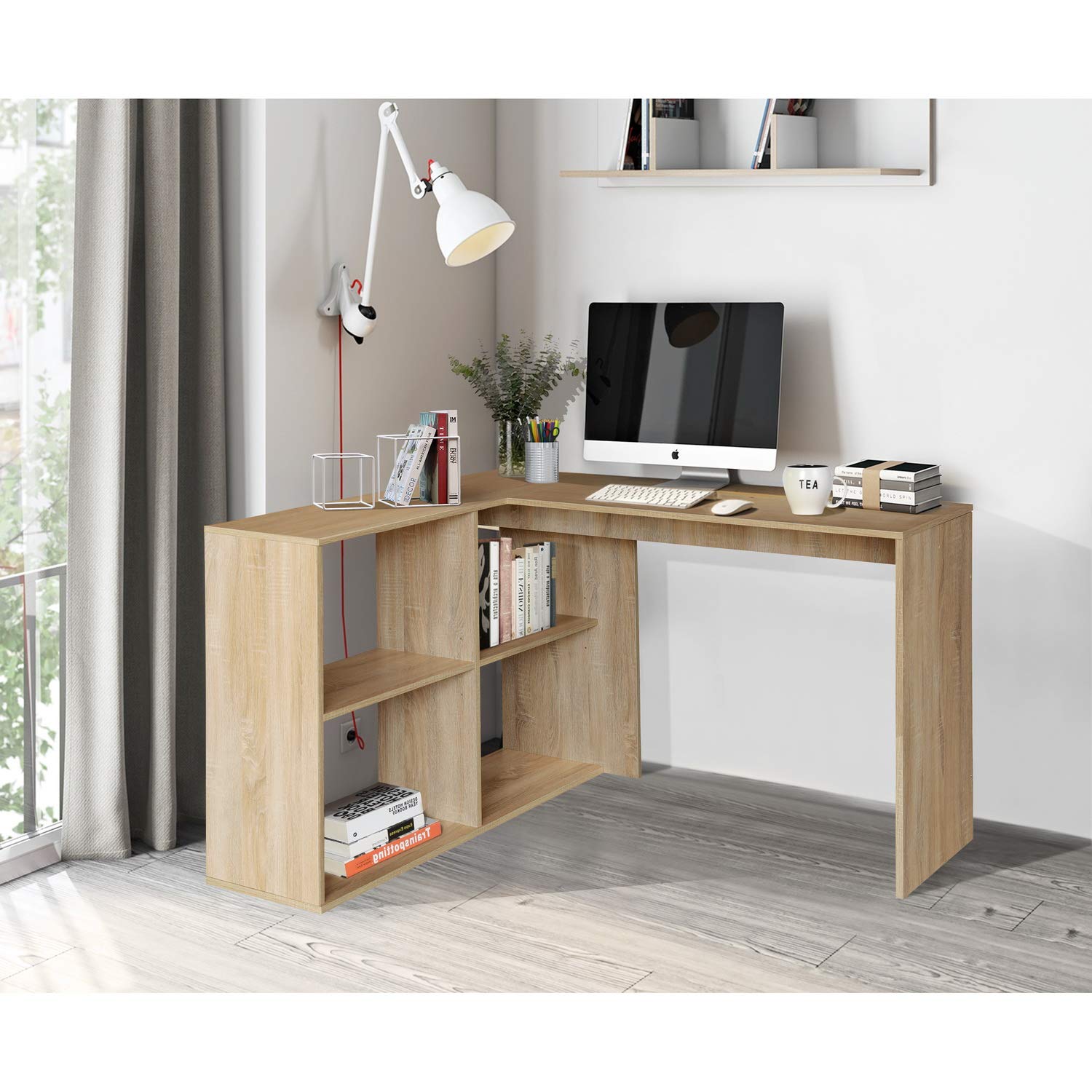 FurnitureR Home Office L-Shaped Computer Desk with Storage Shelves, 47" and 35" Corner Desk Space-Saving Writing Table Gaming PC Workstation (Light Brown)