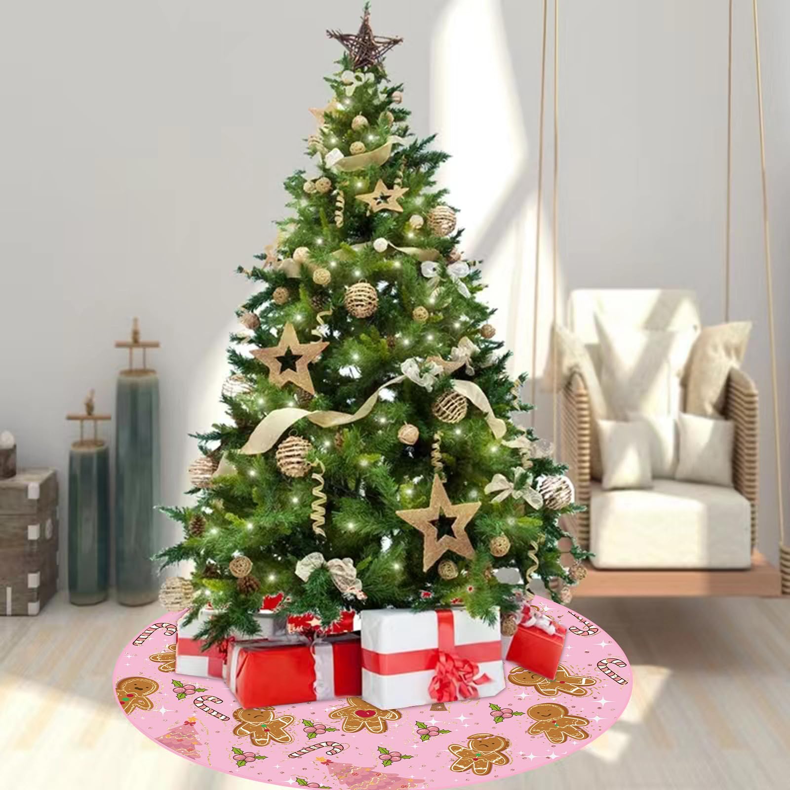 Christmas Tree Skirt Pink Tree Skirt Christmas Tree Candy Cane Gingerbread Xmas Winter Tree Skirt 48 Inch for Pink Christmas Indoor Outdoor Decorations